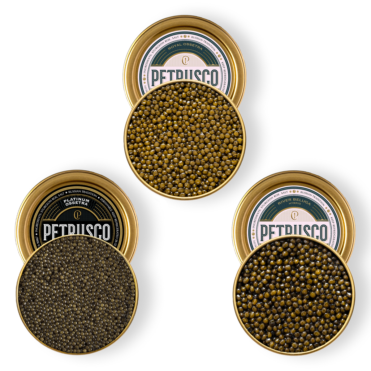 Trio Bundle: Royal Ossetra, Beluga & Platinum Ossetra | Petrusco Caviar